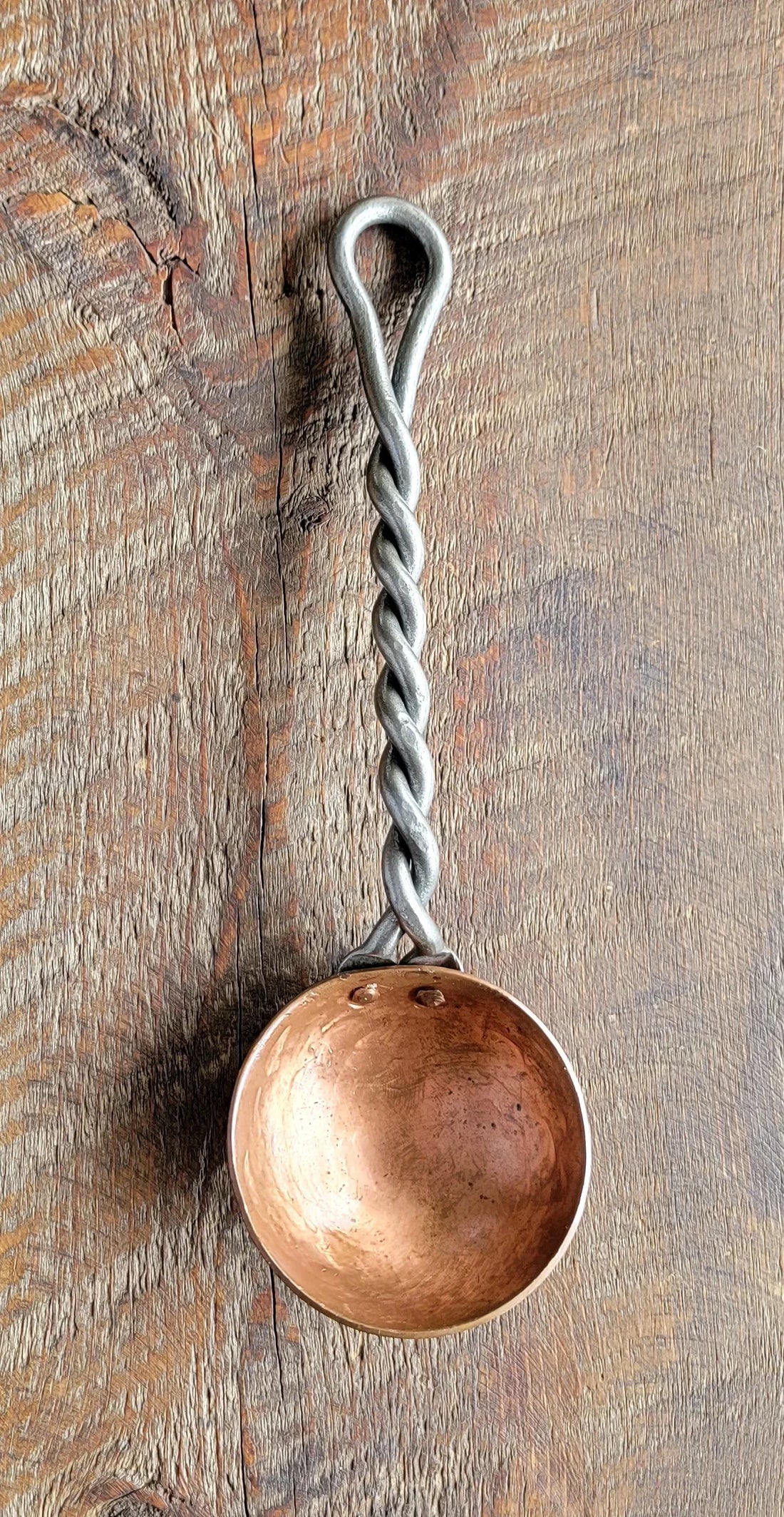 Hand Forged Twisted Iron and Solid Copper Egg Spoon Small