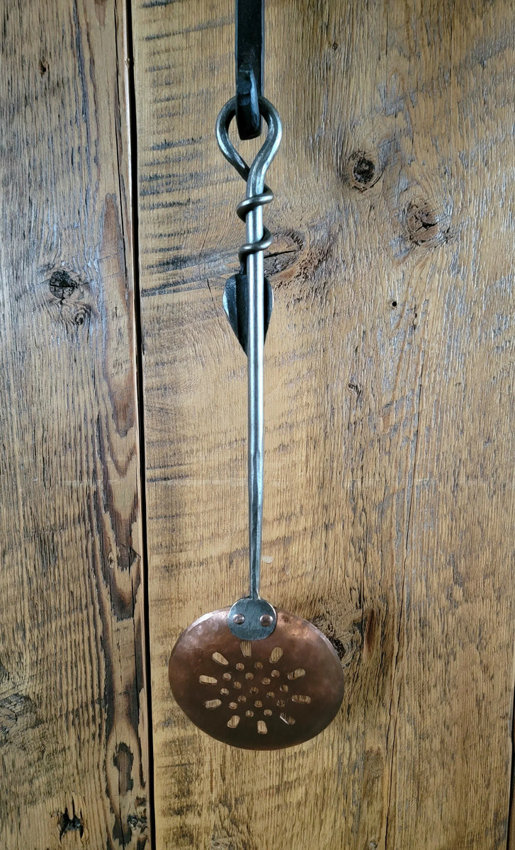 Hand Forged Copper Slotted Spoon With Steel Leaf Handle