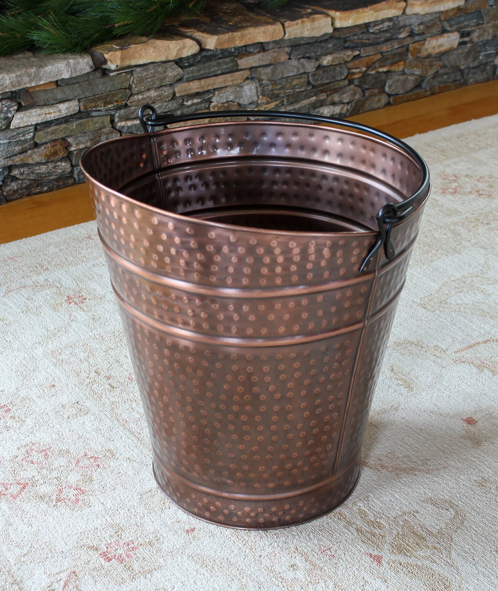Hammered Copper Fireplace Log or Pellet Bucket with Handles - Large