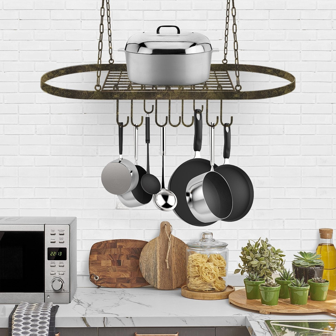 Ceiling mounted Pot Rack with Hooks Rustic 31.50x16.50x21
