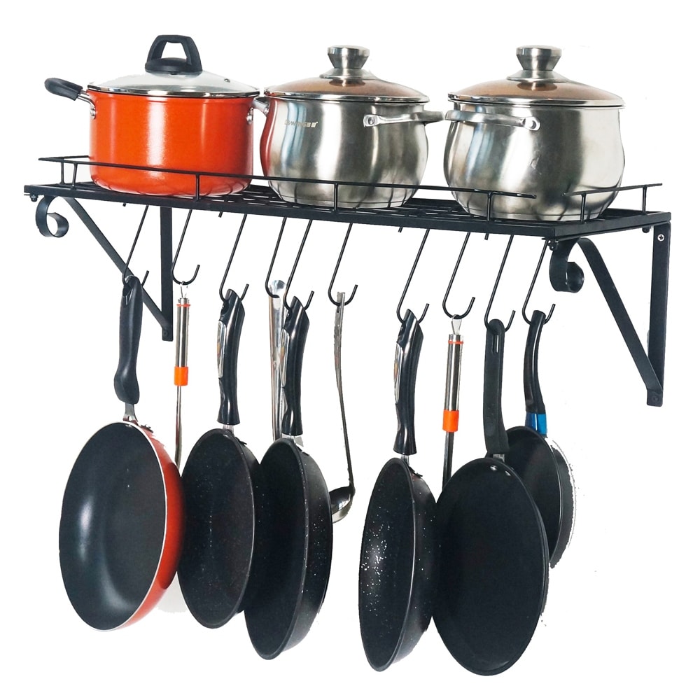 Kitchen Wall Pot Pan Rack with 10 Hooks(Black)