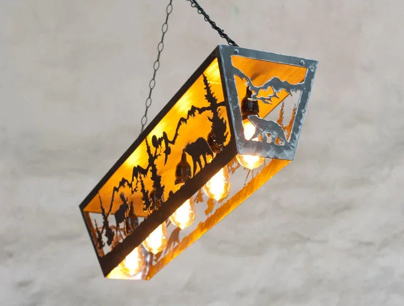 Rustic Five Light Moose and Bear Pendant Light Fixture