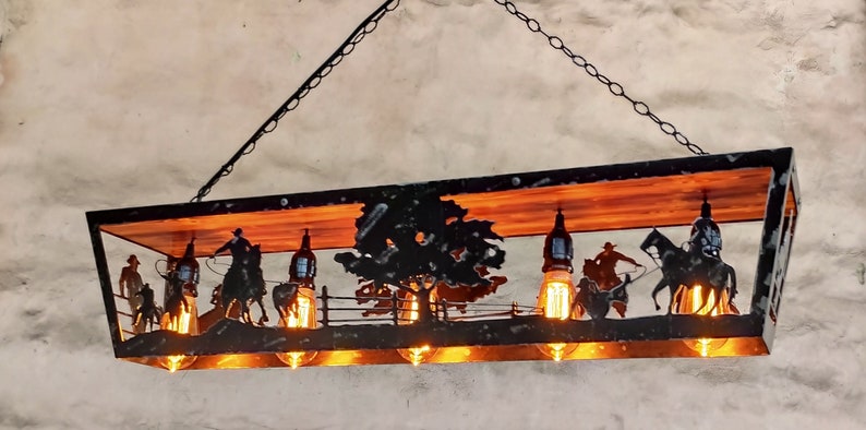 Rustic Western Ceiling Light Fixture with Cowboys and Cattle